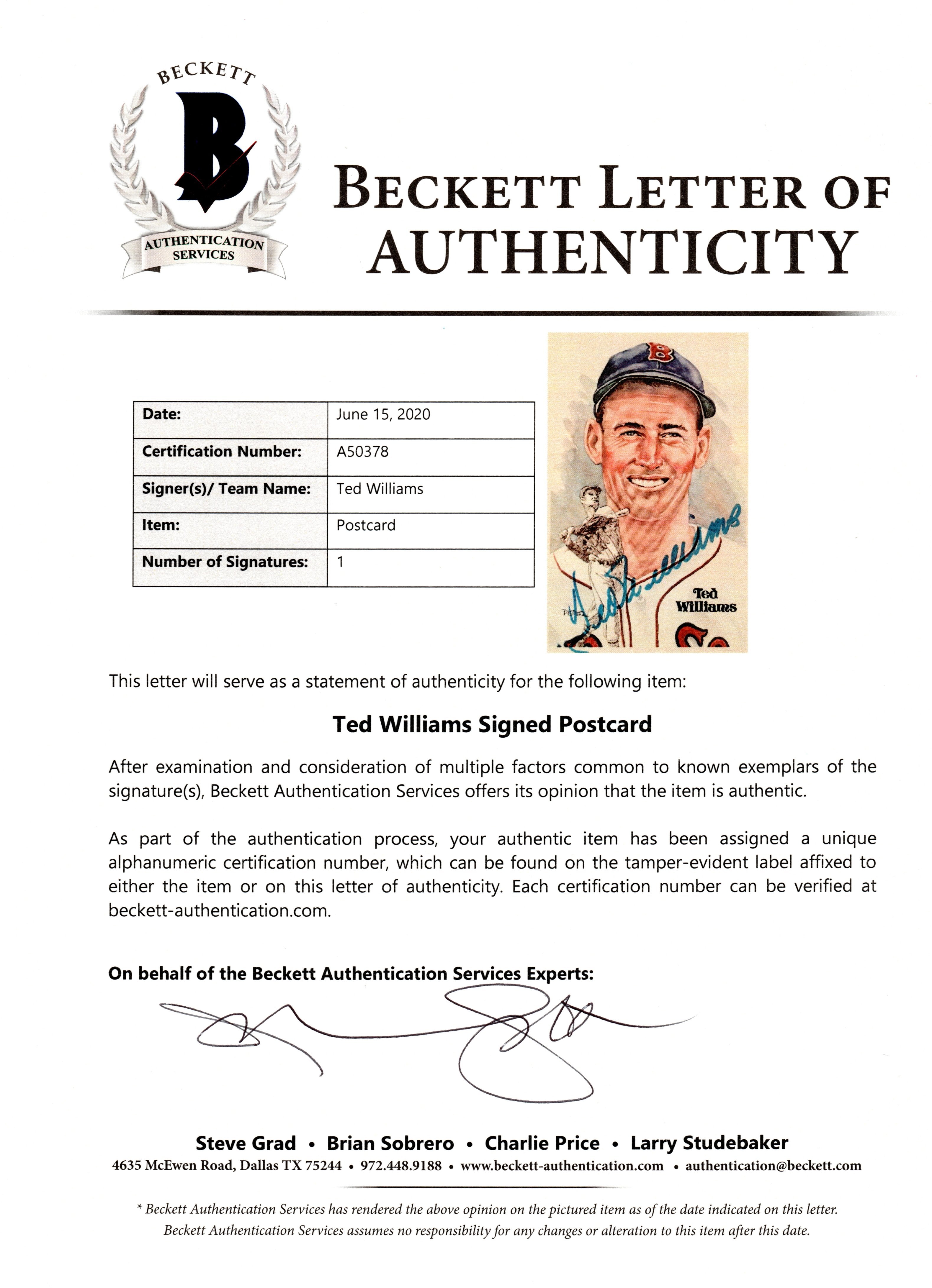 Ted Williams Autographed Boston Red Sox Perez Steele Postcard Beckett ...